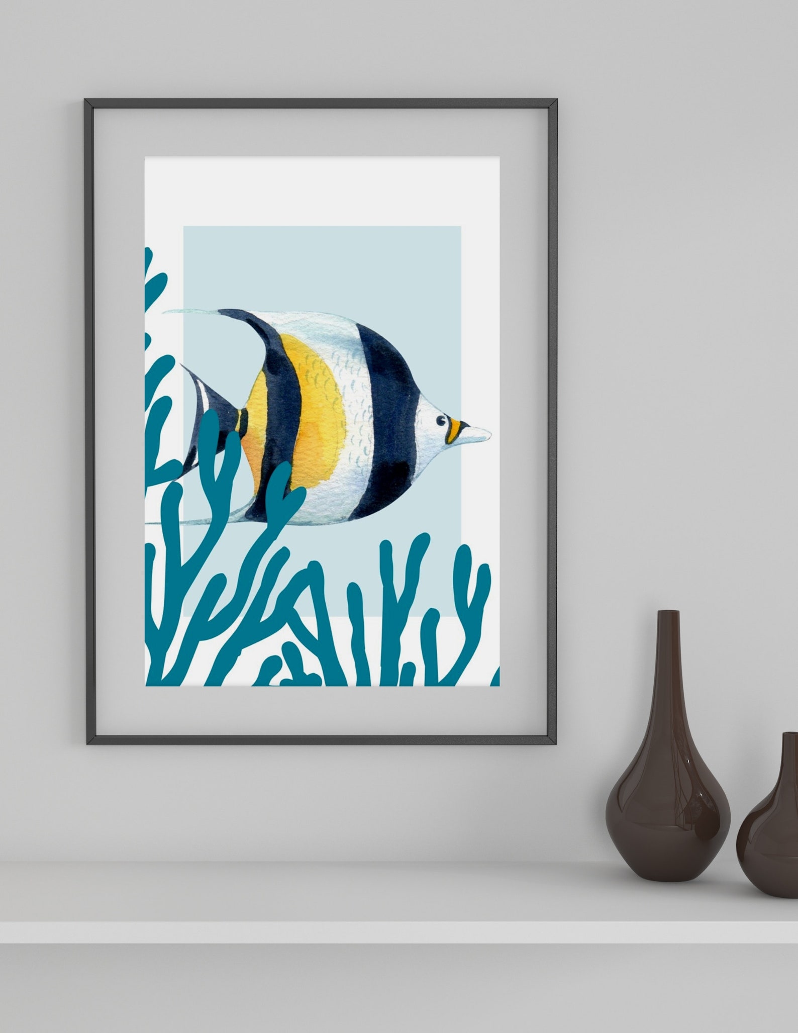 Printable Wall Art, Black, White, and Yellow Tropical Fish, Coastal Art ...