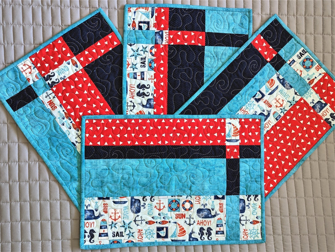 NAUTICAL PLACEMAT SET of 4, Whale, Anchor, Nautical, Quilted Placemats ...
