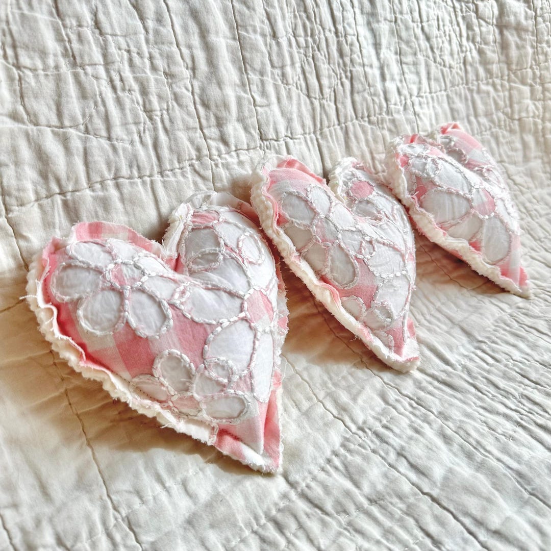 Pink Embroidered Check Hearts Trio, Plush Hearts Set, Appliquéd Hearts ...