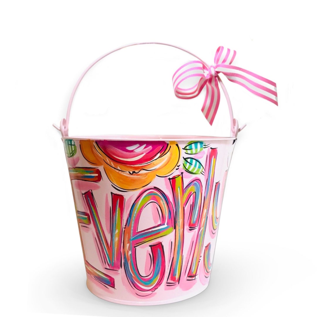Pink Painted Easter Pail, Painted Floral Easter Bucket, Personalized ...
