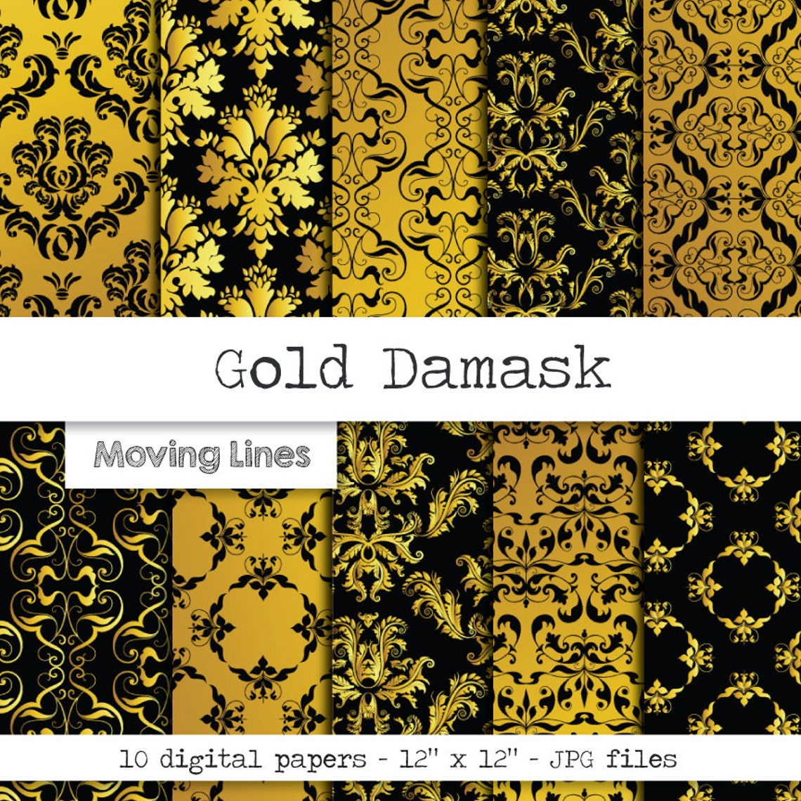 Gold Digital Paper Pack Festive Black and Gold Damask - Etsy