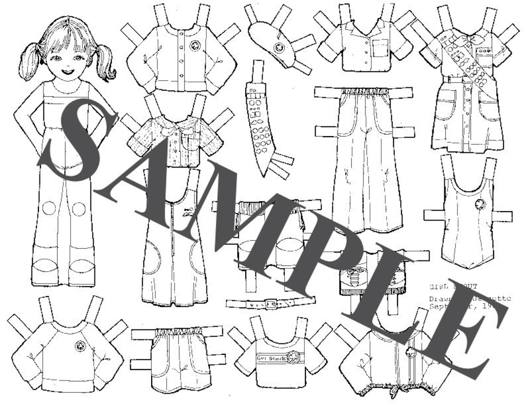 Paper Doll _ Girl Scout Brownie _ B & W Coloring Sheet _ PERSONALIZE ...