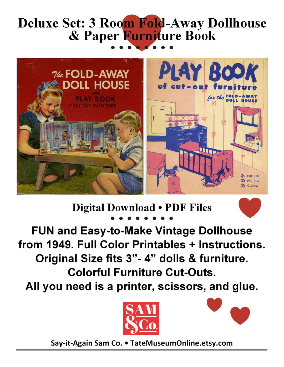 3 Room Fold-away Dollhouse W/ FURNITURE Set _ Vintage Doll House ...