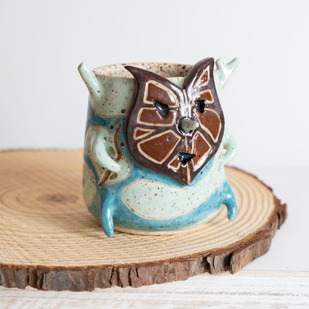 Carved Blue Korok Tumbler With Leaf Face | Handmade Ceramic Cup Zelda ...