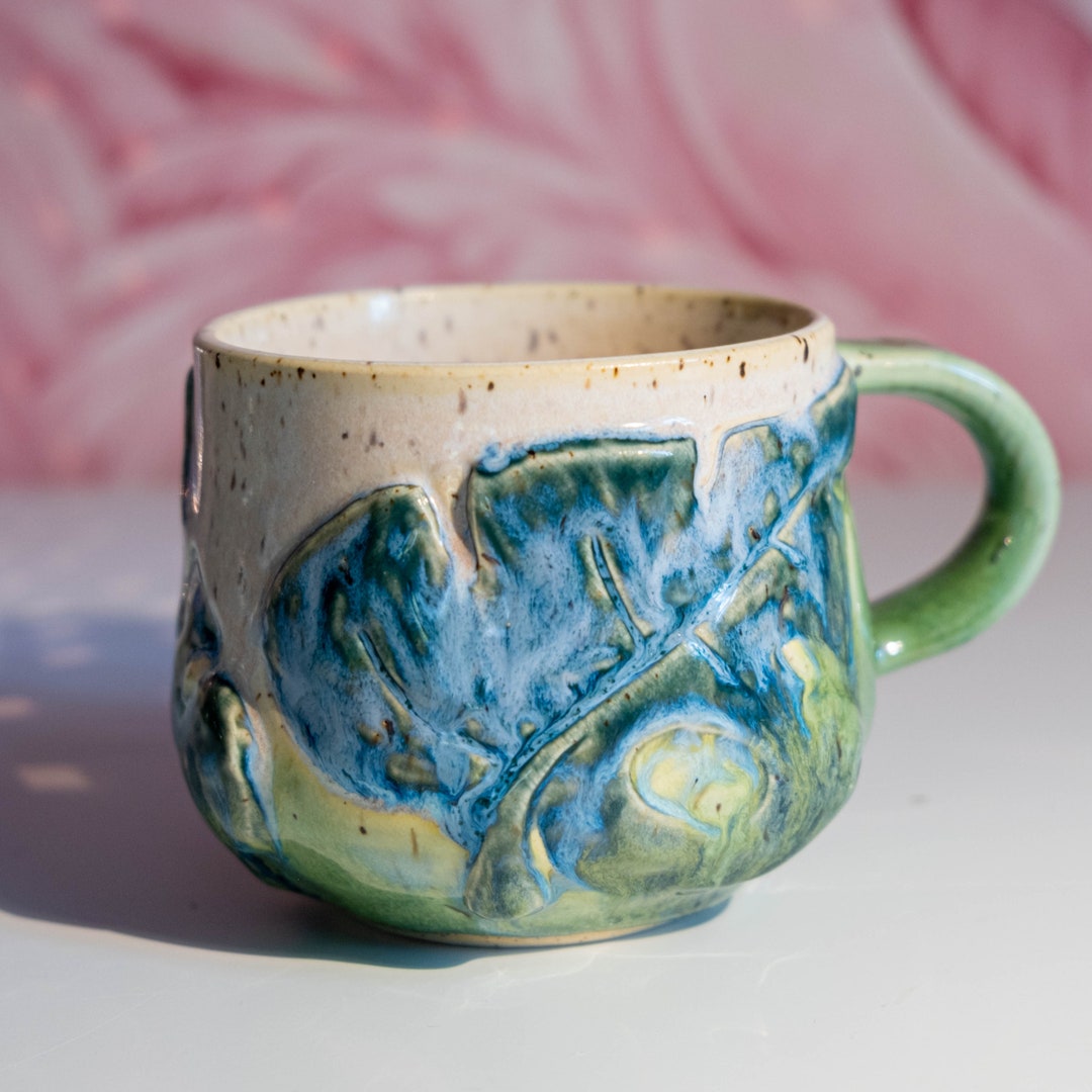 Sculpted Monstera Leaf Mug With Mossy Glaze Carved Botanical Pottery - Etsy