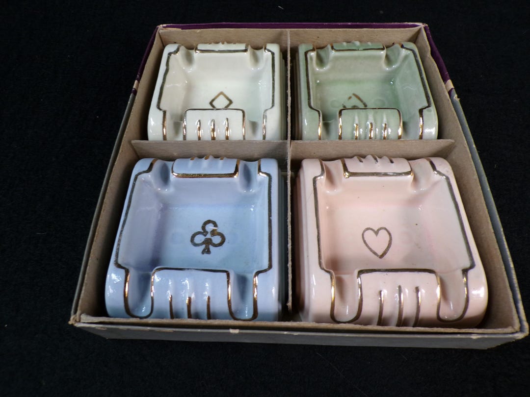 Set of 4 - NOS - Playing Card Porcelain Ashtrays by Never Spill NIB - Etsy