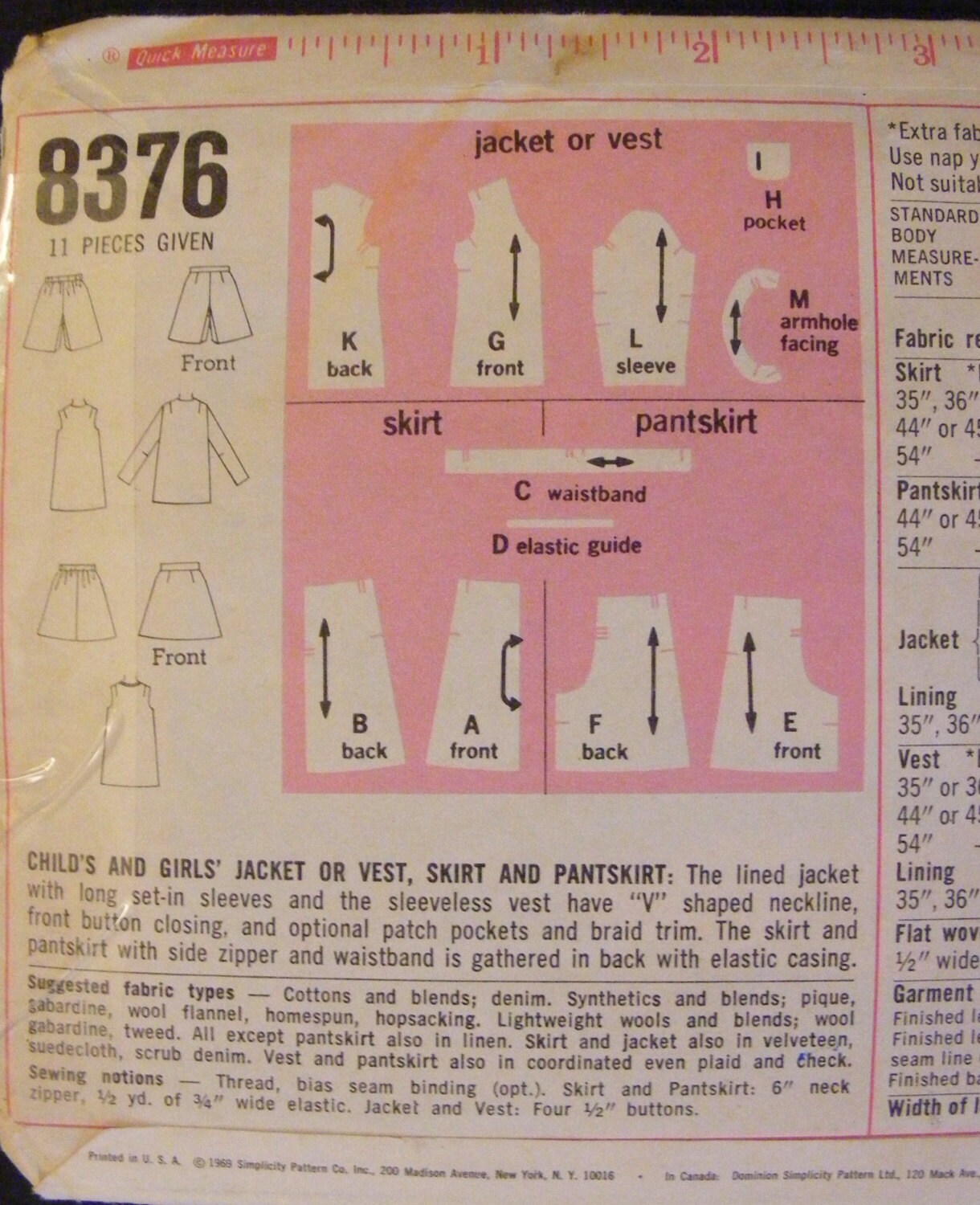 1969 Child's Jacket Vest Skirt Pant-skirt Vintage Simplicity Sewing ...