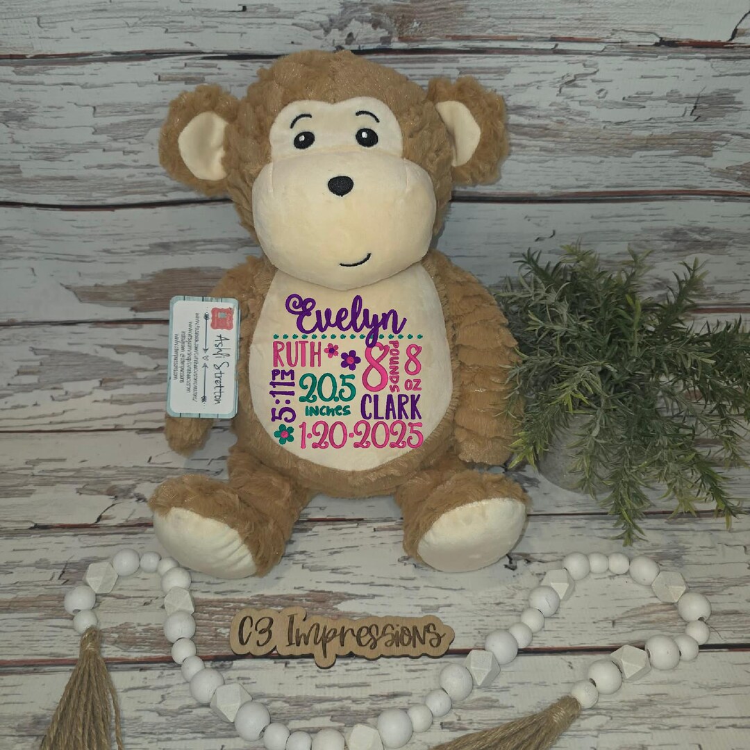 Personalized Embroidered Monkey Stuffed Animal With Birth Stats ...