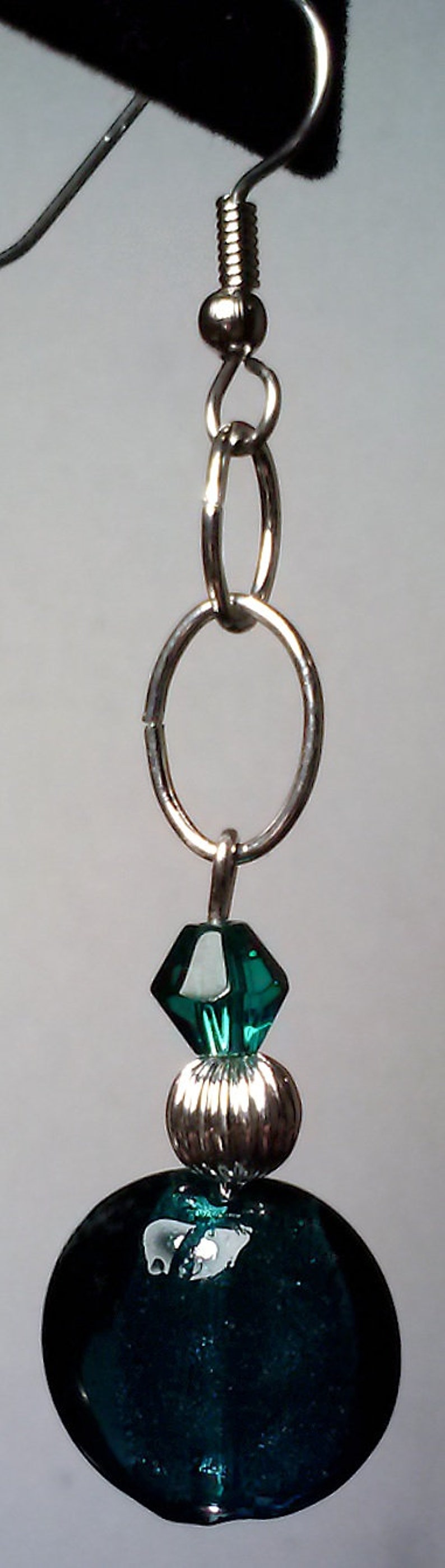 Teal Silver Foil and Silver Beaded Earrings on an Elegant Oval Link ...