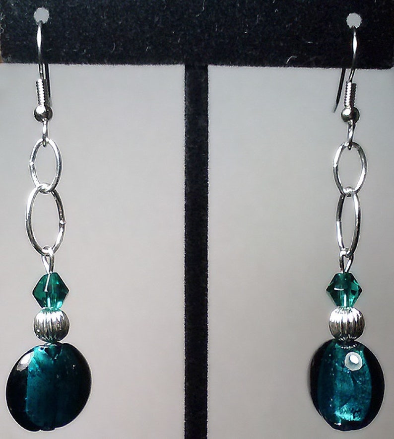 Teal Silver Foil and Silver Beaded Earrings on an Elegant Oval Link ...