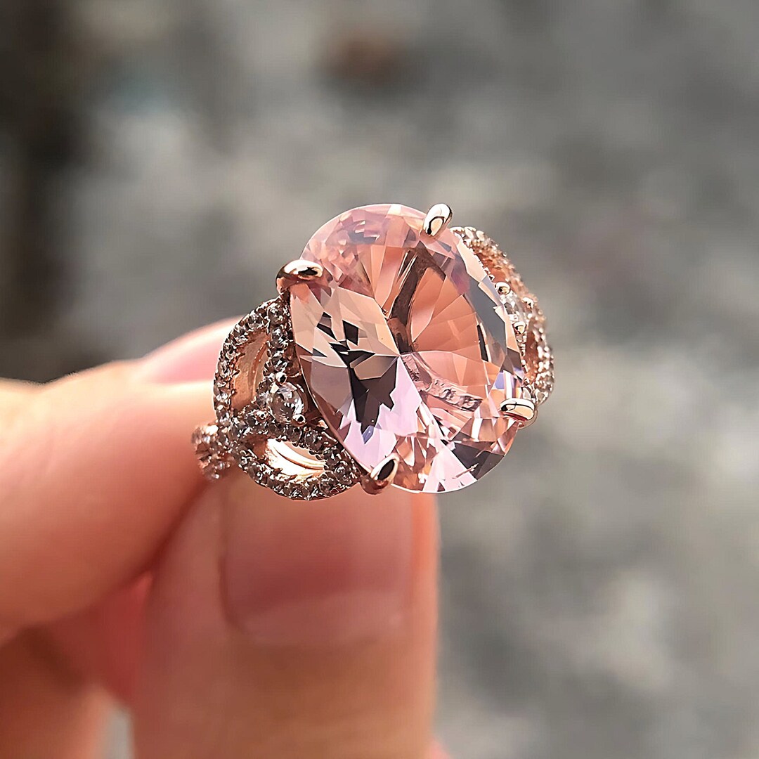 5 Carat Oval Peach Pink Morganite Ring in Rose Gold Plated Silver ...