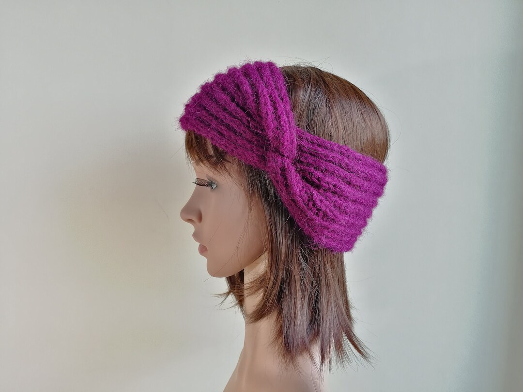 Hand Knitted Purple Wool Ear Warmer Headband: Chunky Twist Cable - Etsy