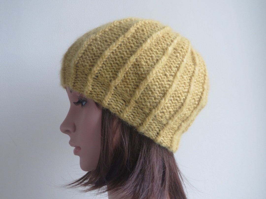 Pure Merino Wool Hat. Yellow Chunky Ribbed Wool Beret. Soft Brushed ...