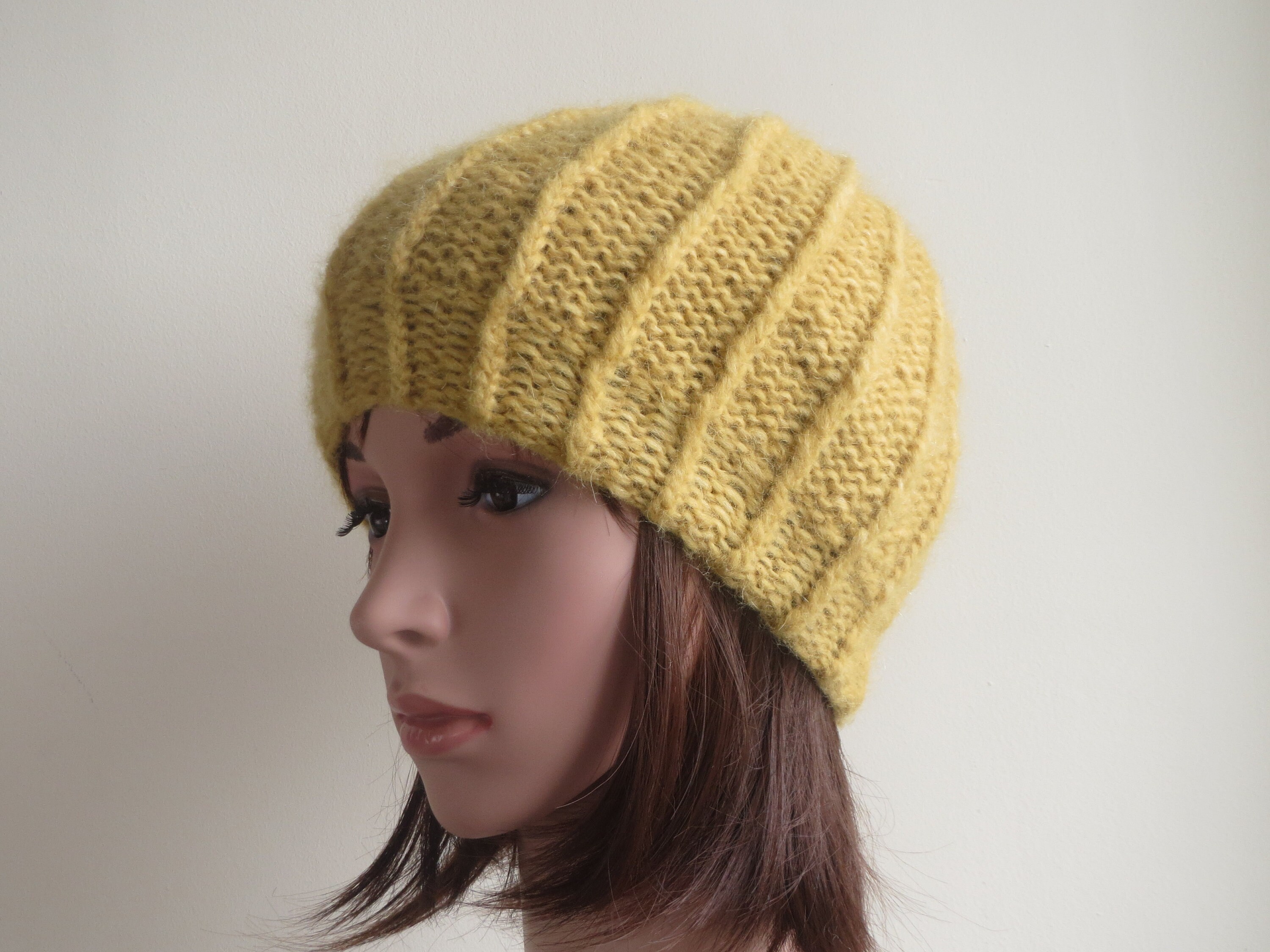 Pure Merino Wool Hat. Yellow Chunky Ribbed Wool Beret. Soft Brushed ...