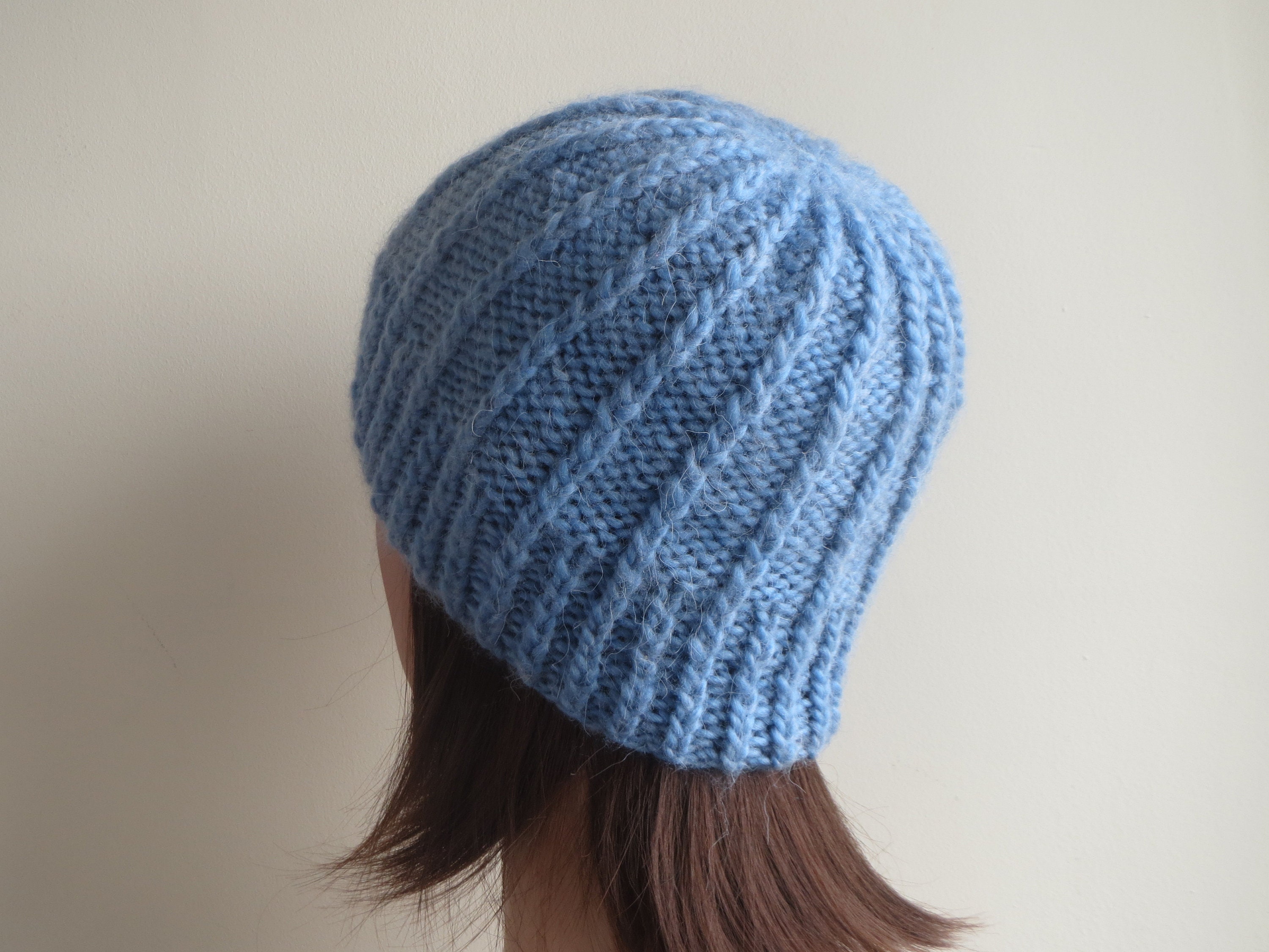 Pure Wool Hat. Blue Chunky Ribbed Wool Beanie. Soft and Warm, Blue ...