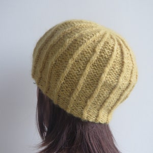Pure Merino Wool Hat. Yellow Chunky Ribbed Wool Beret. Soft Brushed ...
