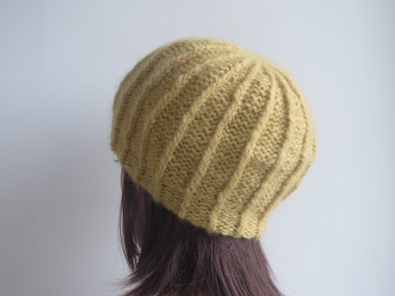 Pure Merino Wool Hat. Yellow Chunky Ribbed Wool Beret. Soft Brushed ...