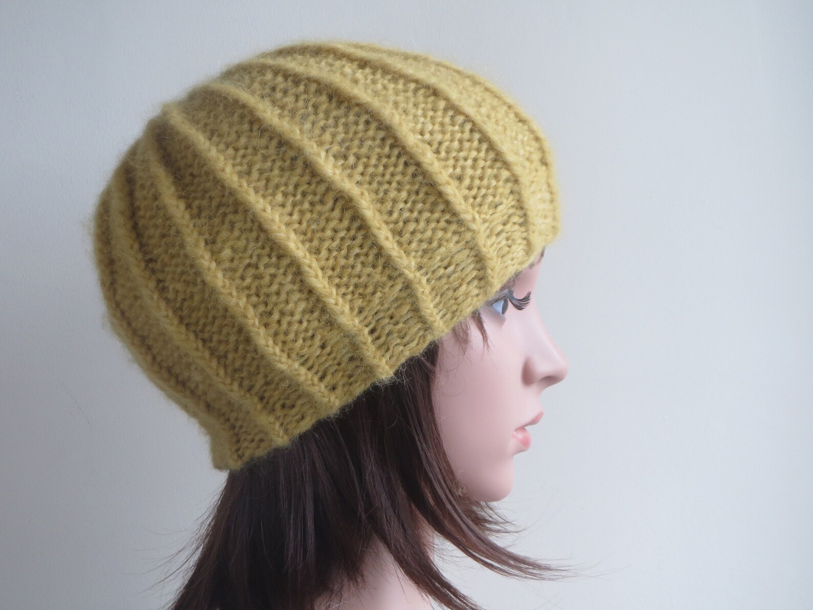 Pure Merino Wool Hat. Yellow Chunky Ribbed Wool Beret. Soft Brushed ...