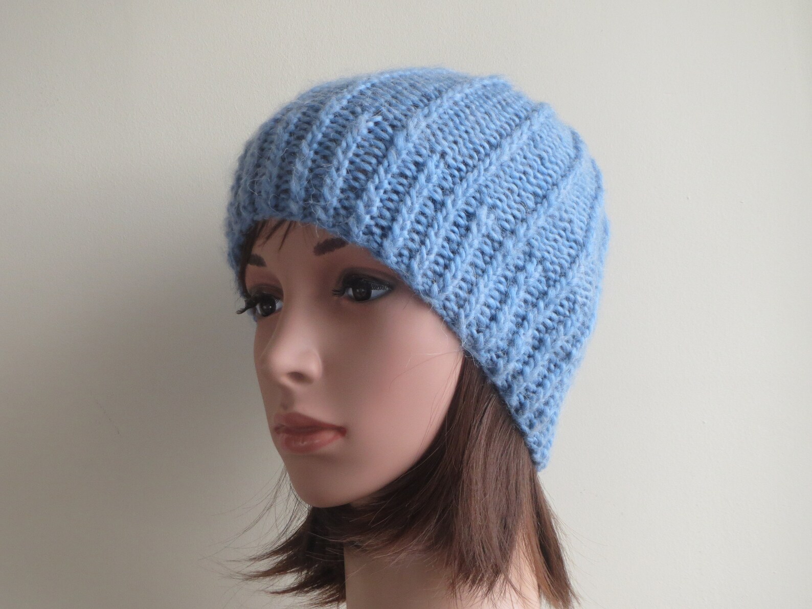 Pure Wool Hat. Blue Chunky Ribbed Wool Beanie. Soft and Warm, Blue ...