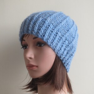 Pure Wool Hat. Blue Chunky Ribbed Wool Beanie. Soft and Warm, Blue ...