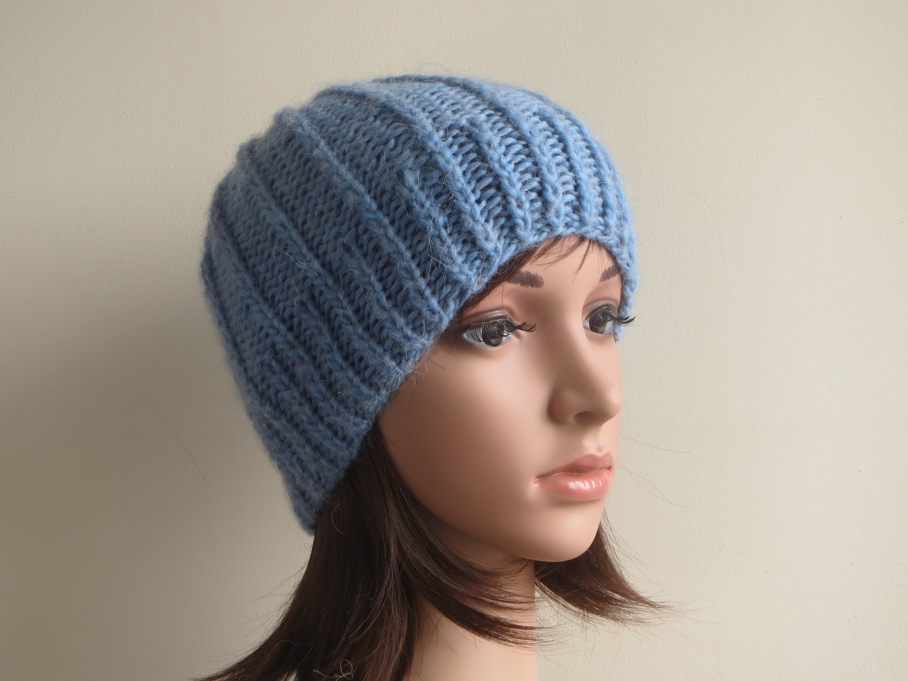 Pure Wool Hat. Blue Chunky Ribbed Wool Beanie. Soft and Warm, Blue ...