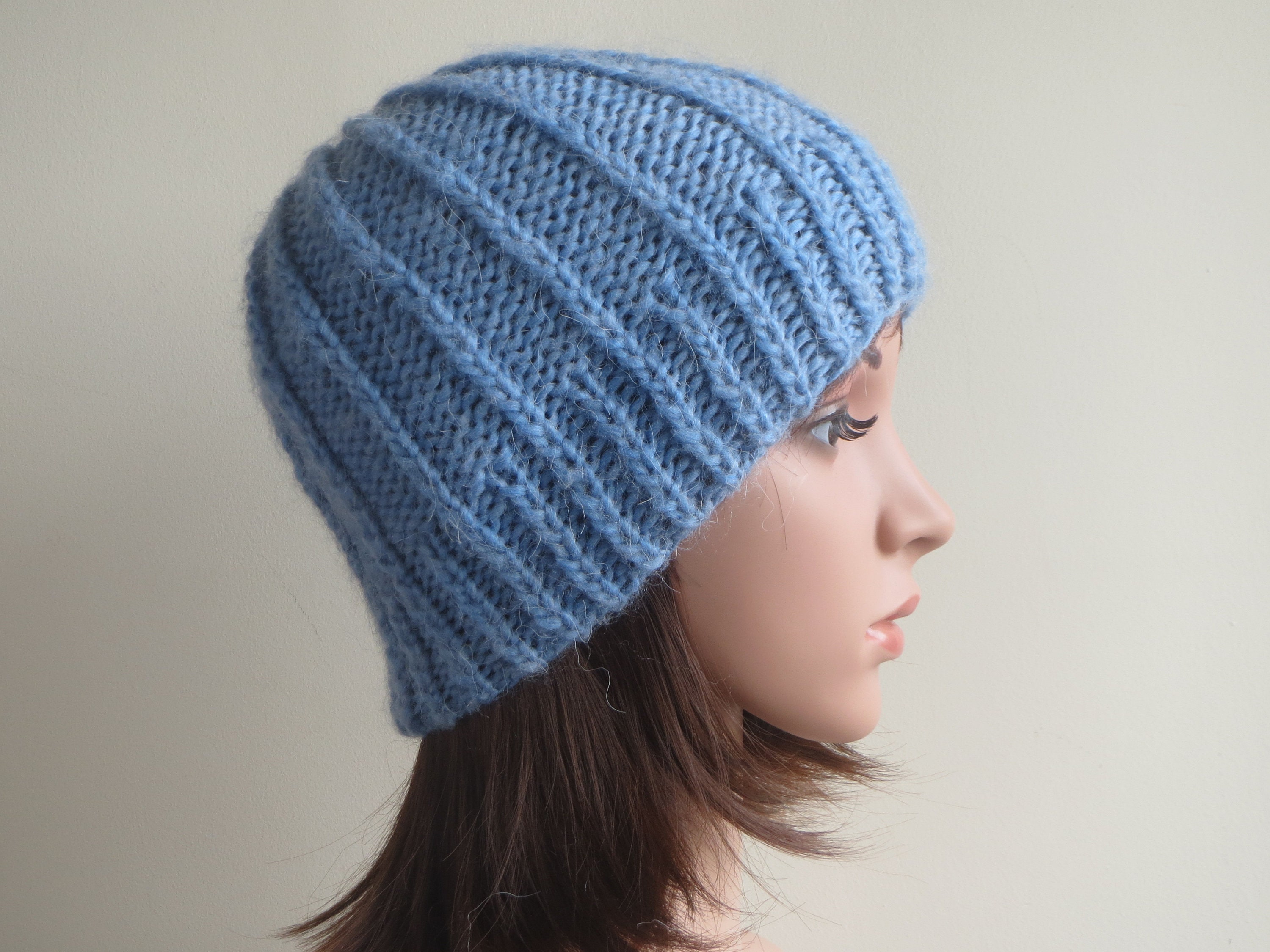 Pure Wool Hat. Blue Chunky Ribbed Wool Beanie. Soft and Warm, Blue ...