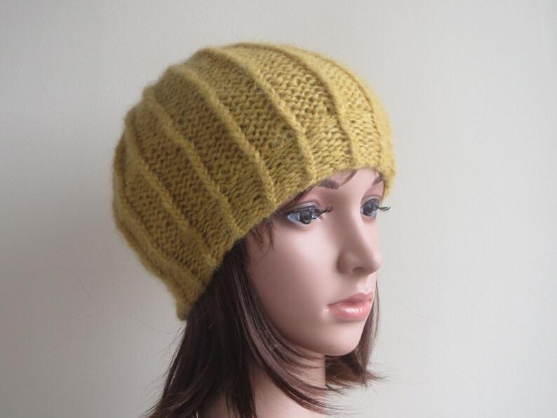 Pure Merino Wool Hat. Yellow Chunky Ribbed Wool Beret. Soft Brushed ...