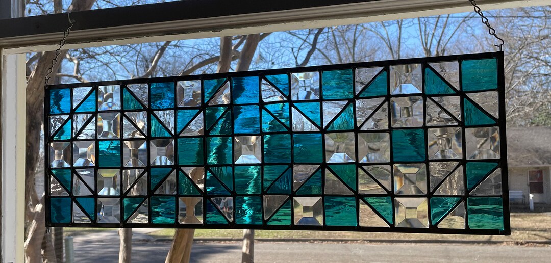 Stained Glass Window Panel, Aqua Blue With Crystal Clear Bevels, Approx ...