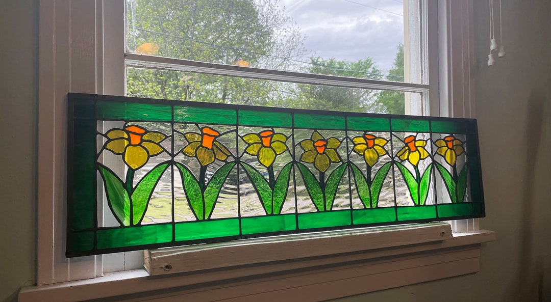 Transom Stained Glass Window Panel Spring Daffodils Size 41 Tall X 11 ...