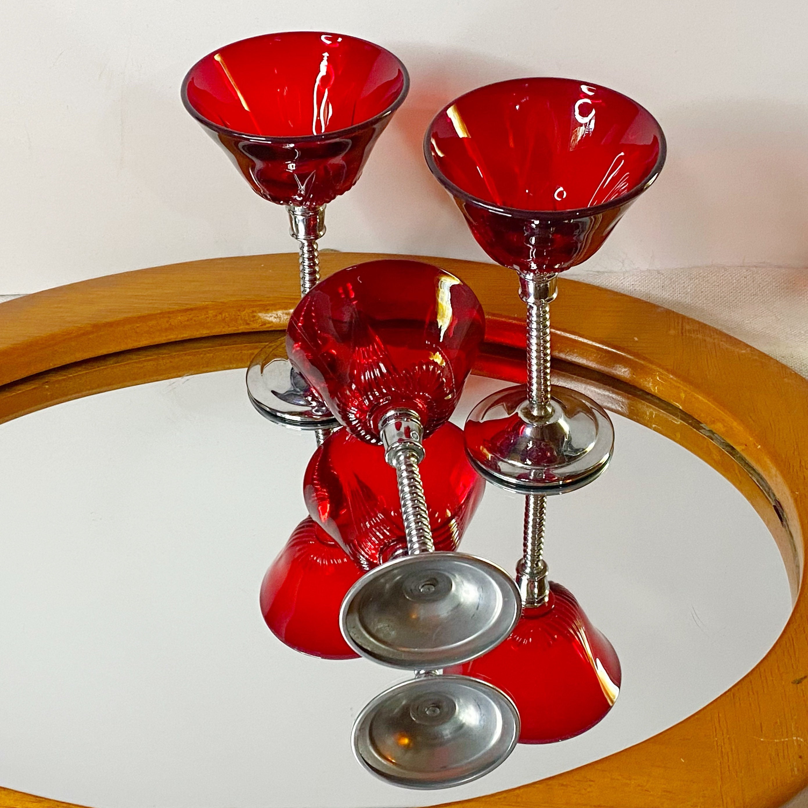 Art Deco Cocktail Glasses Morgantown Glass Stemware Ruby Red Chrome ...