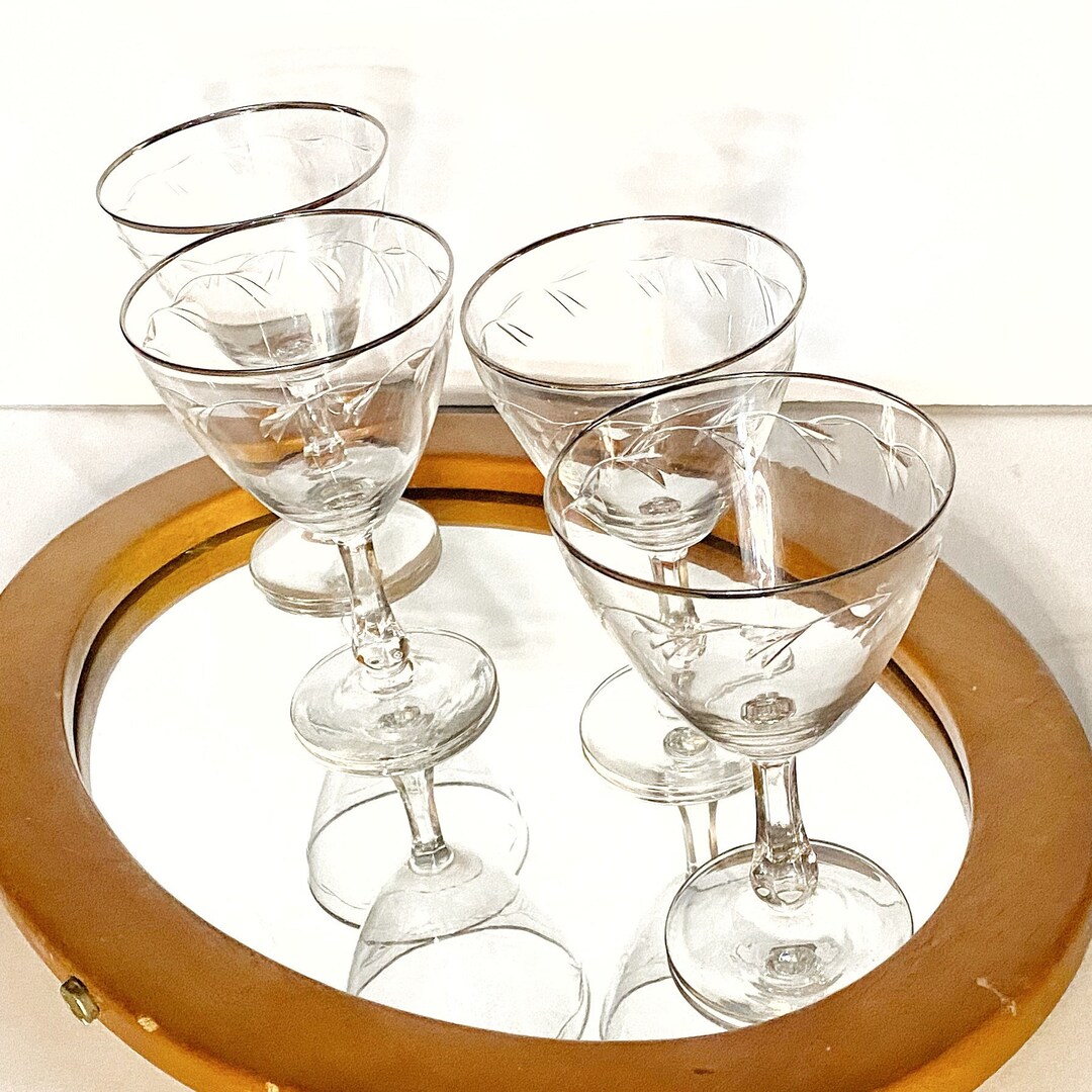 Platinum Trim Wine Glasses • Etched Floral Verge • Fostoria • Silver Stripe Goblets • 1950s ...