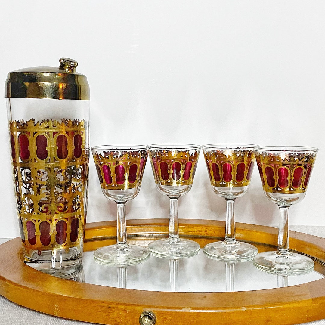 Cranberry Scroll Culver Glassware 1960s Vintage Barware Cocktail Shaker ...