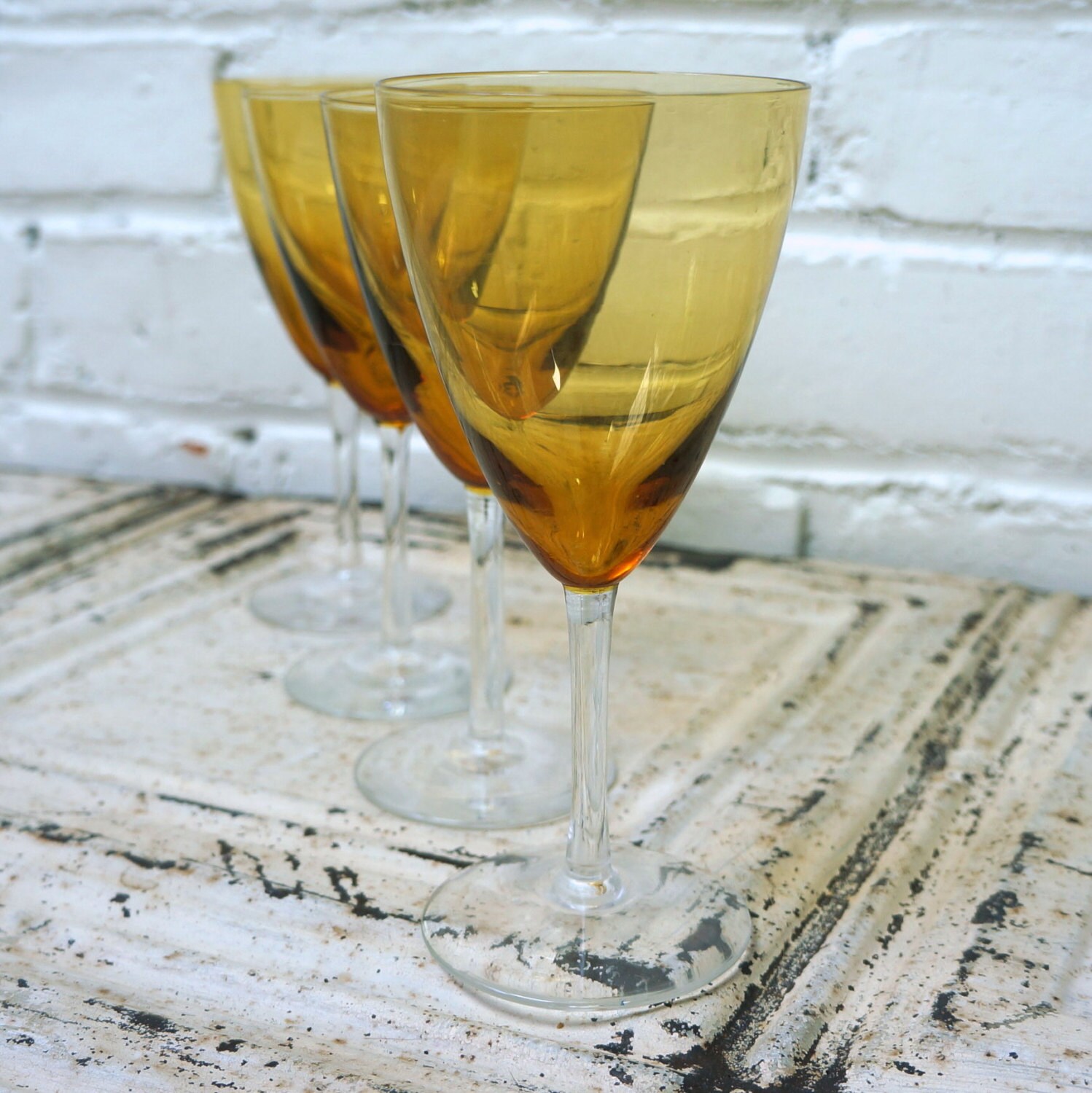 Antique Wine Glasses 1920s Vintage Stemware Fine Crystal Goblets Amber Bowl Clear Stems White