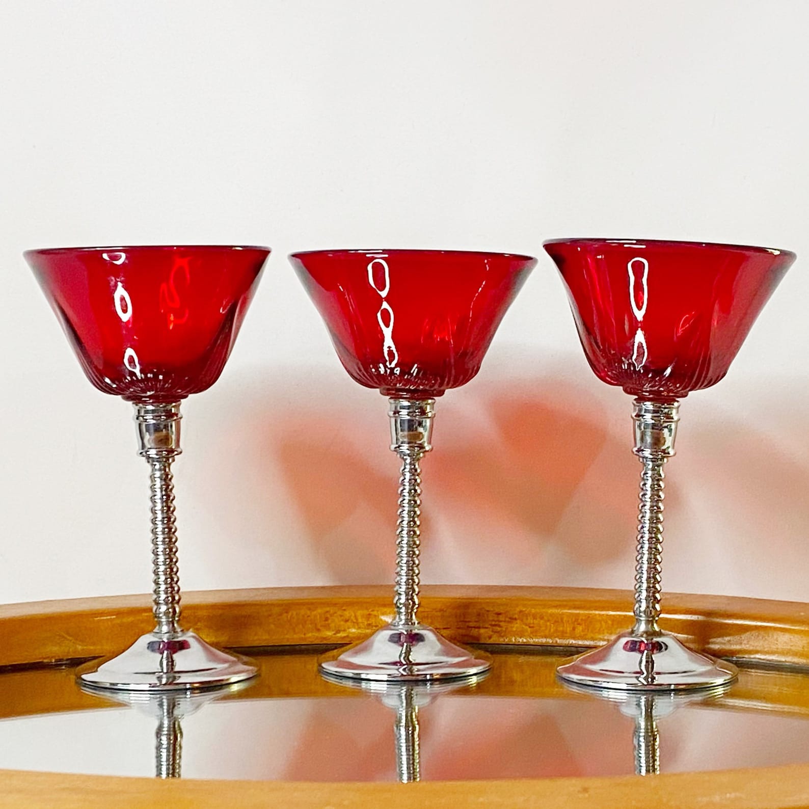 Art Deco Cocktail Glasses Morgantown Glass Stemware Ruby Red Chrome ...