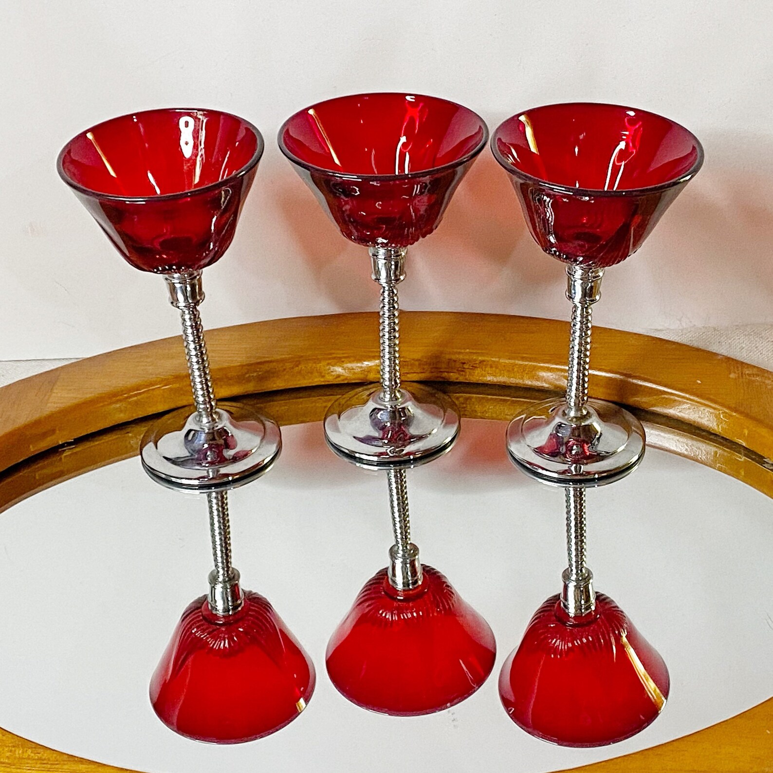 Art Deco Cocktail Glasses Morgantown Glass Stemware Ruby Red Chrome ...