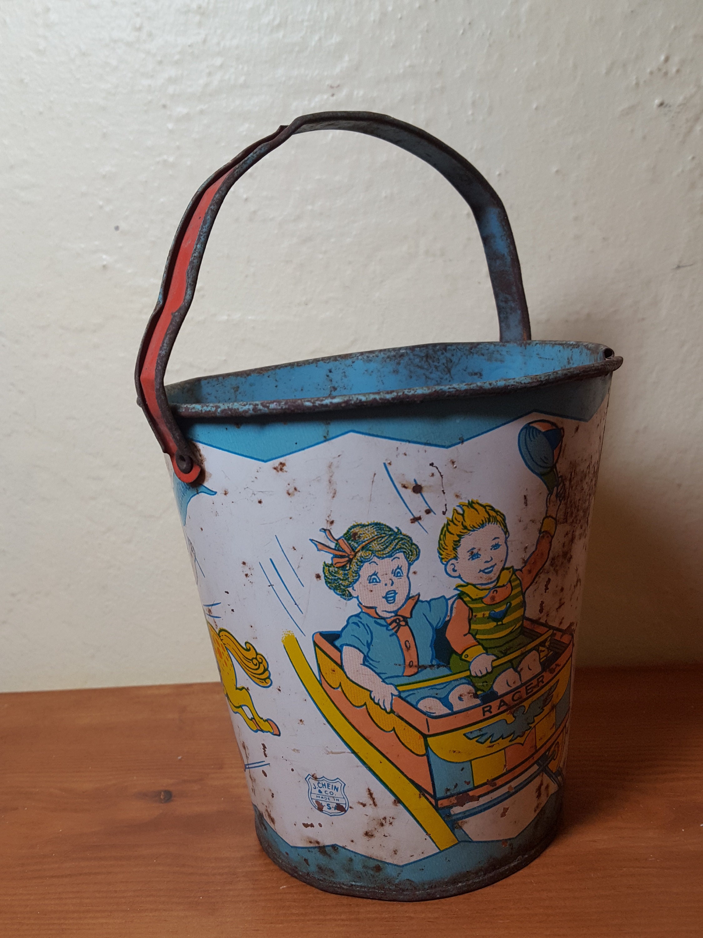1940s tin beach bucket with lithographs of children riding a | Etsy
