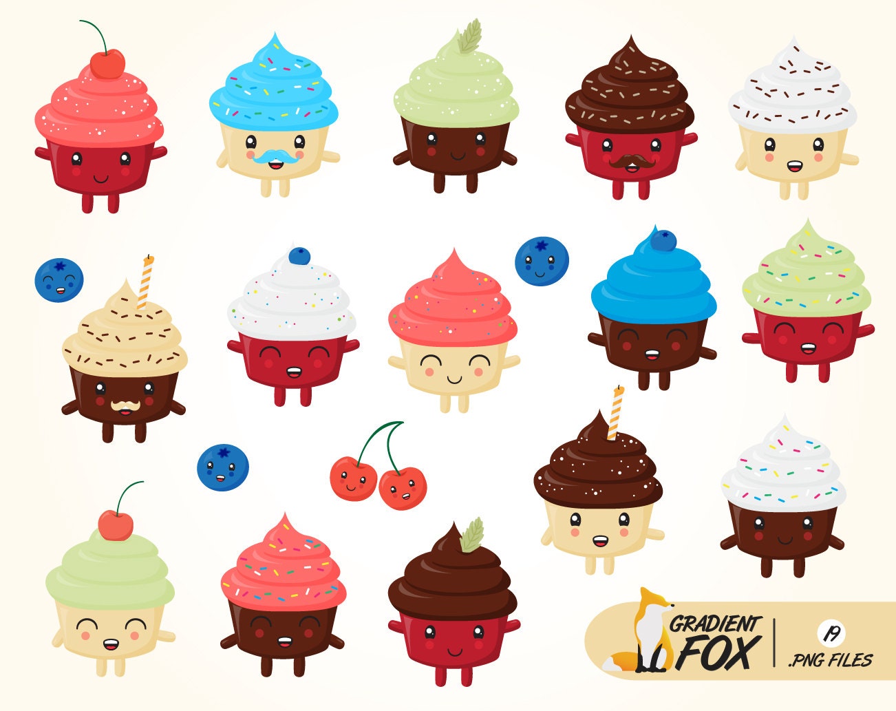 Cupcake Characters Kawaii Clipart Dessert Clipart Chibi - Etsy