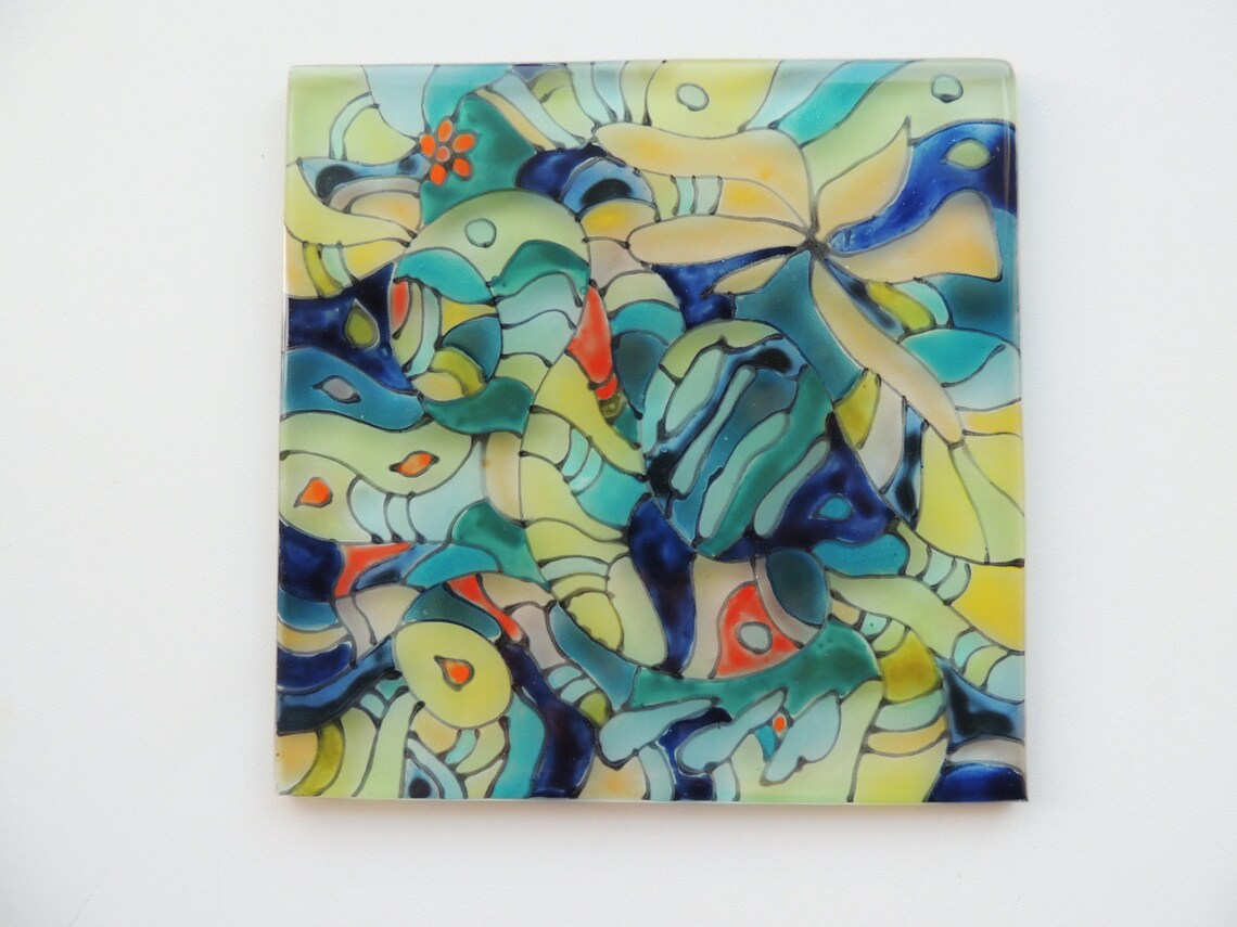 4 Large Hand Painted Glass Wall Tiles Decorative Wall Hanging - Etsy