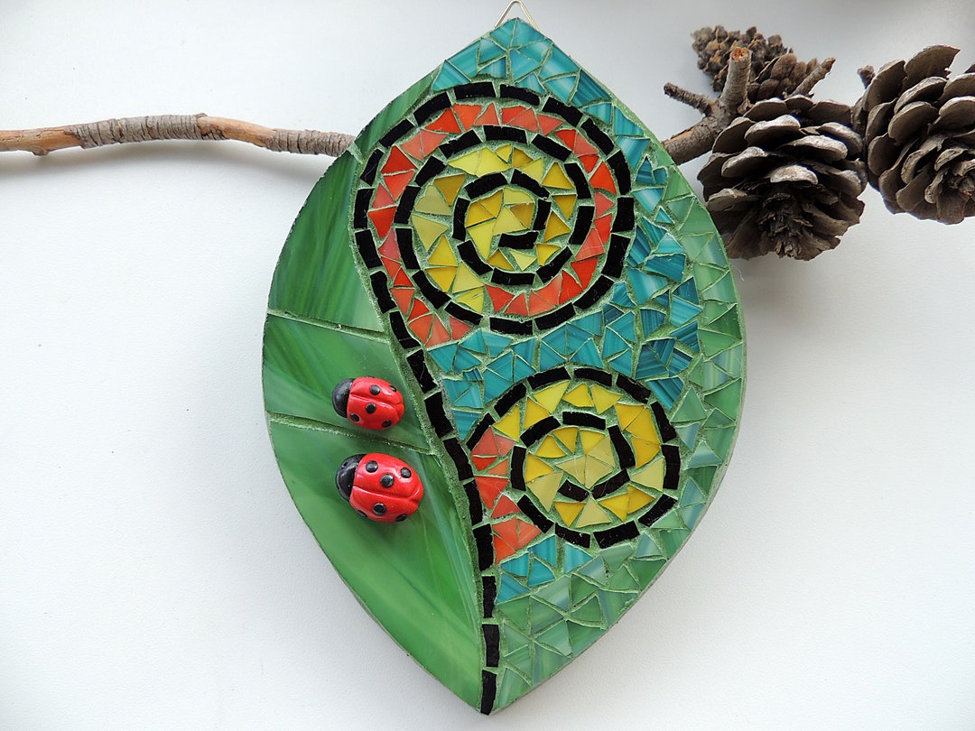 Buy Leaf Glass Mosaic Wall Art, Leaf and Lady Bug Mosaic Art, Lady Bug ...