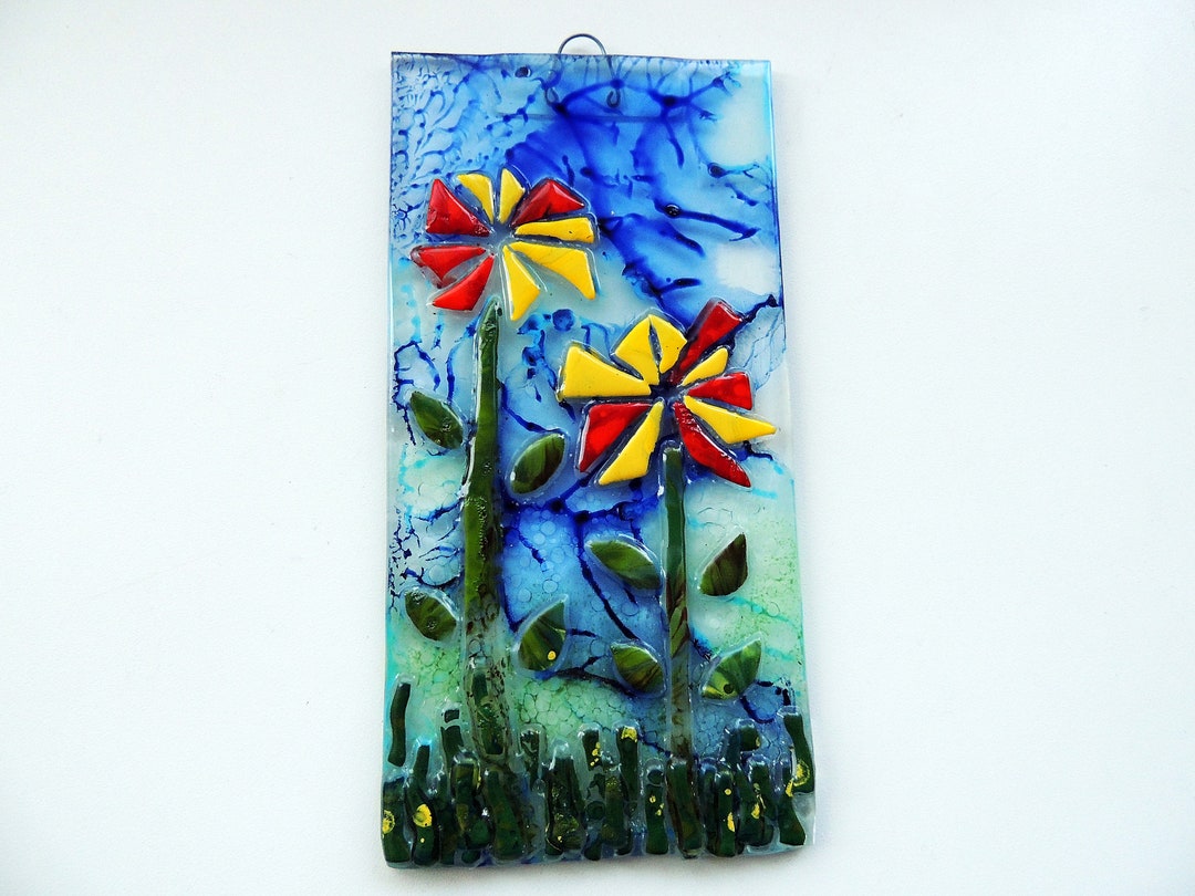 Fused Glass Wall Panel, Hand Painted Fused Panel, Flower Art Panel ...