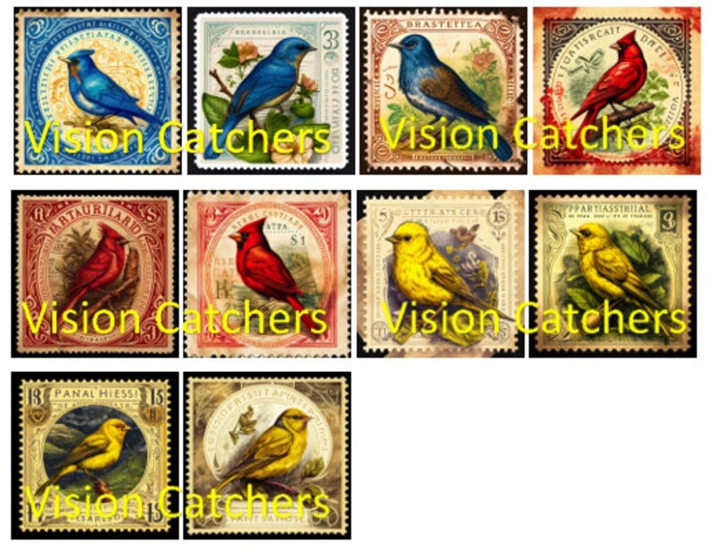 Stamps Birds Blue Red yellow PNG Files 10 PNG Files for Scrapbook, Card ...