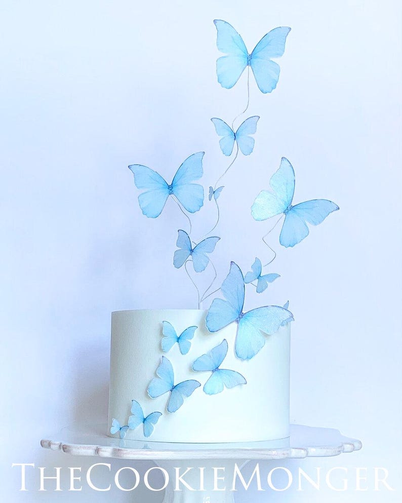 Sky Blue Edible Wafer Paper Butterflies Cake Topper - 14 Multi-sized 3D ...
