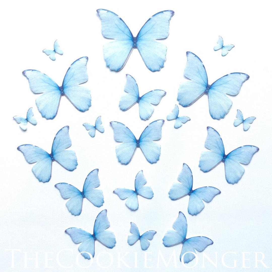 Sky Blue Edible Wafer Paper Butterflies Cake Topper - 14 Multi-sized 3D ...