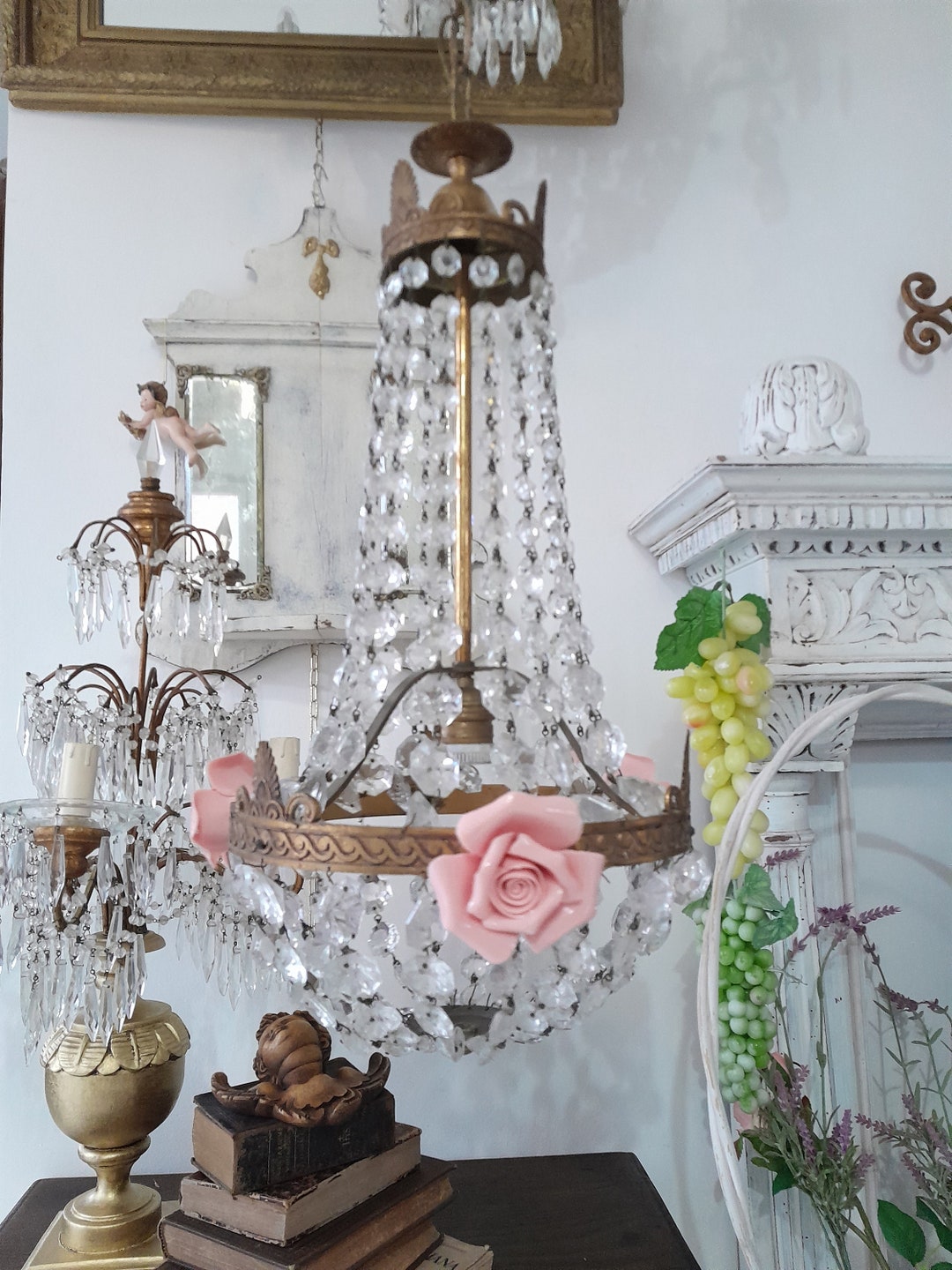 Empire Roses Chandelier Italian Mid Century Beautiful Crystal 3 Roses ...
