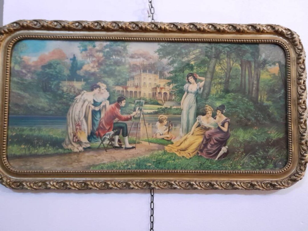 Antique Print Litograph Romantic Scene Toile De Jouy Glazed Gold Mirror ...