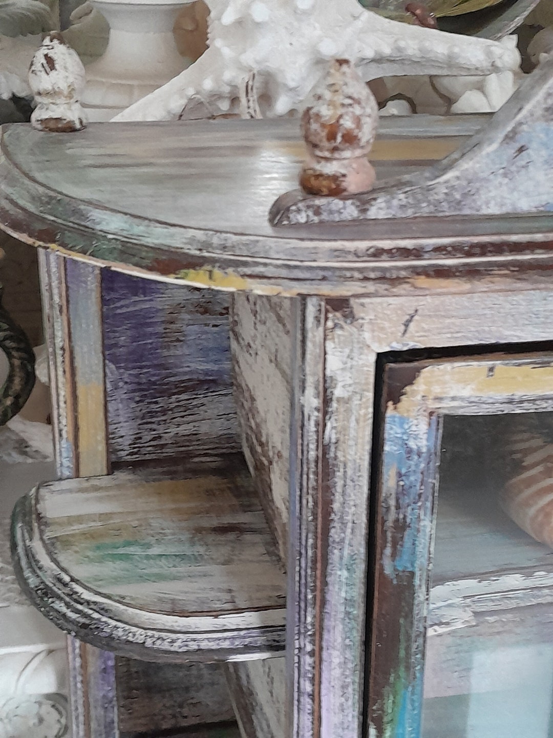Curiosity Cabinet Wood 1950, Glazed Shelf, Sea Salt Paint, Antique ...