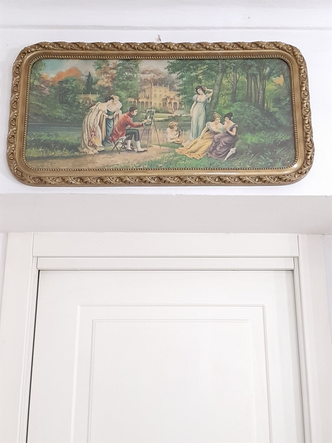 Antique Print Litograph Romantic Scene Toile De Jouy Glazed Gold Mirror ...