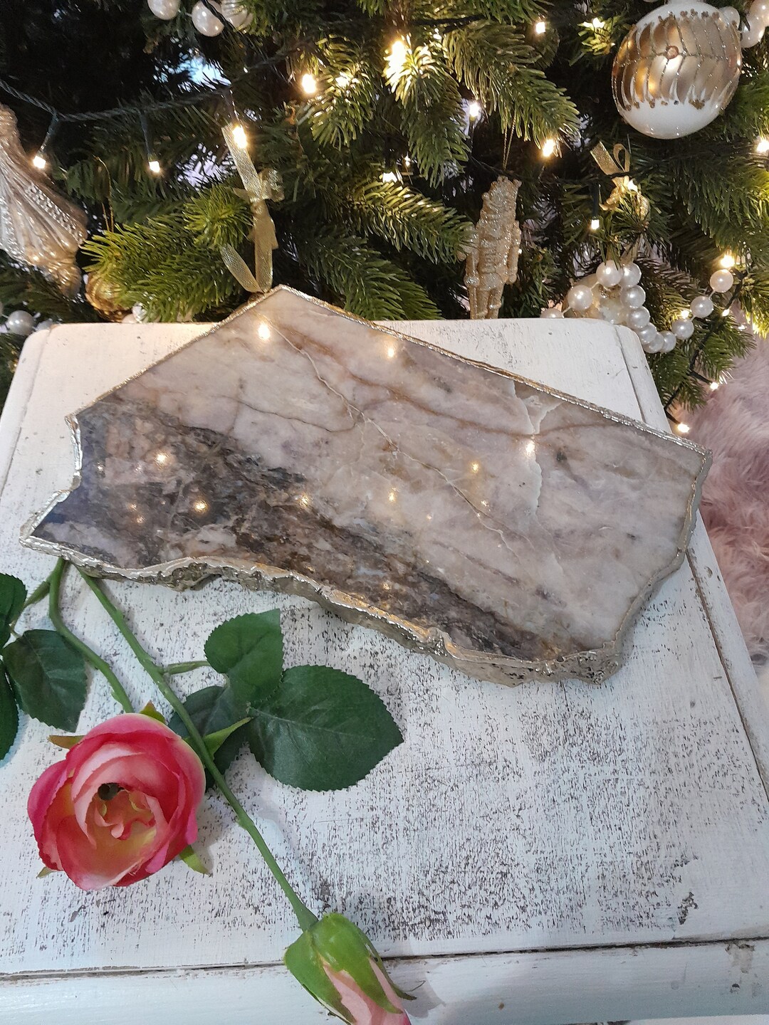 Natural Stone Tray Amethyst, Purple and Pink Marble, Gold Edge, Modern ...