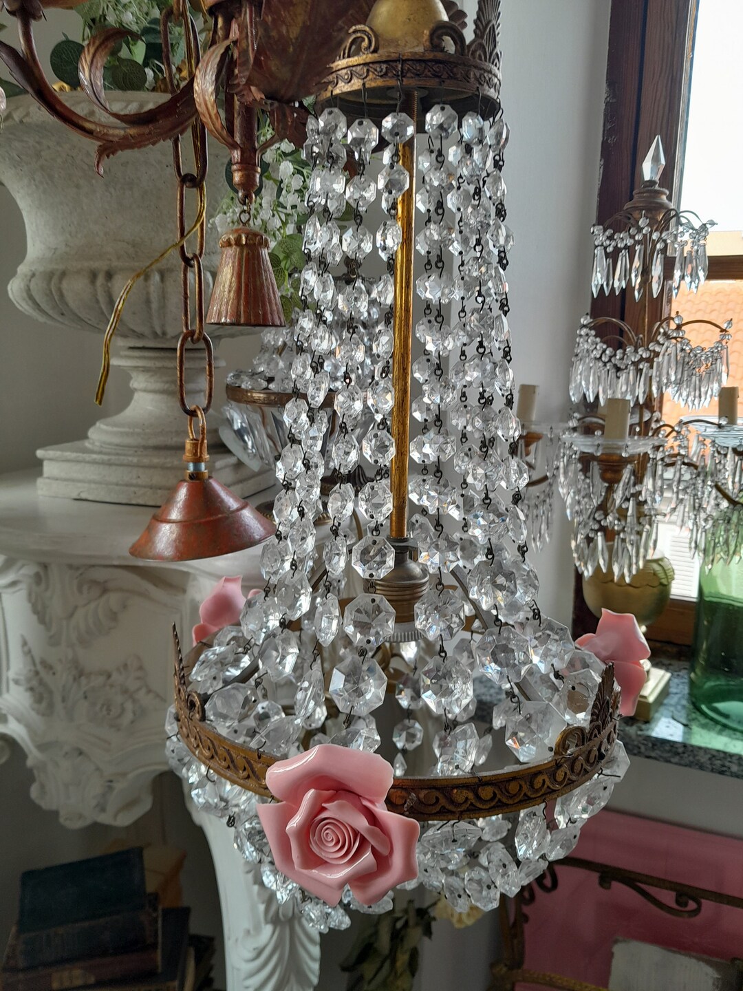 Empire Roses Chandelier Italian Mid Century Beautiful Crystal 3 Roses ...