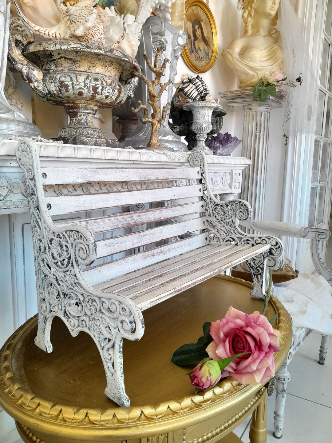 Italian Antique Dolls Bench or Deco Bench Shabby Chic White Chipped ...
